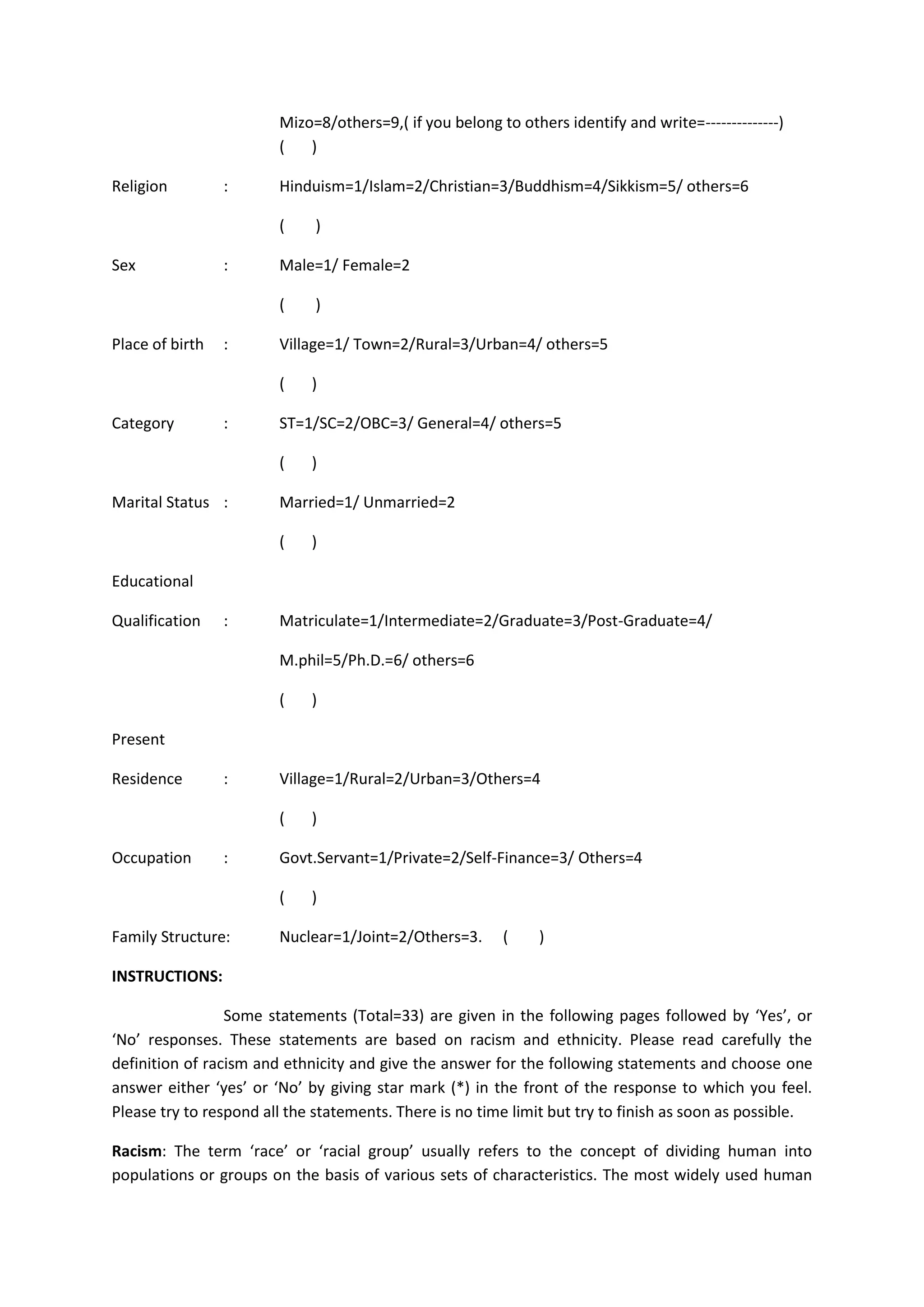Racism inventory 33 questionnaire | PDF