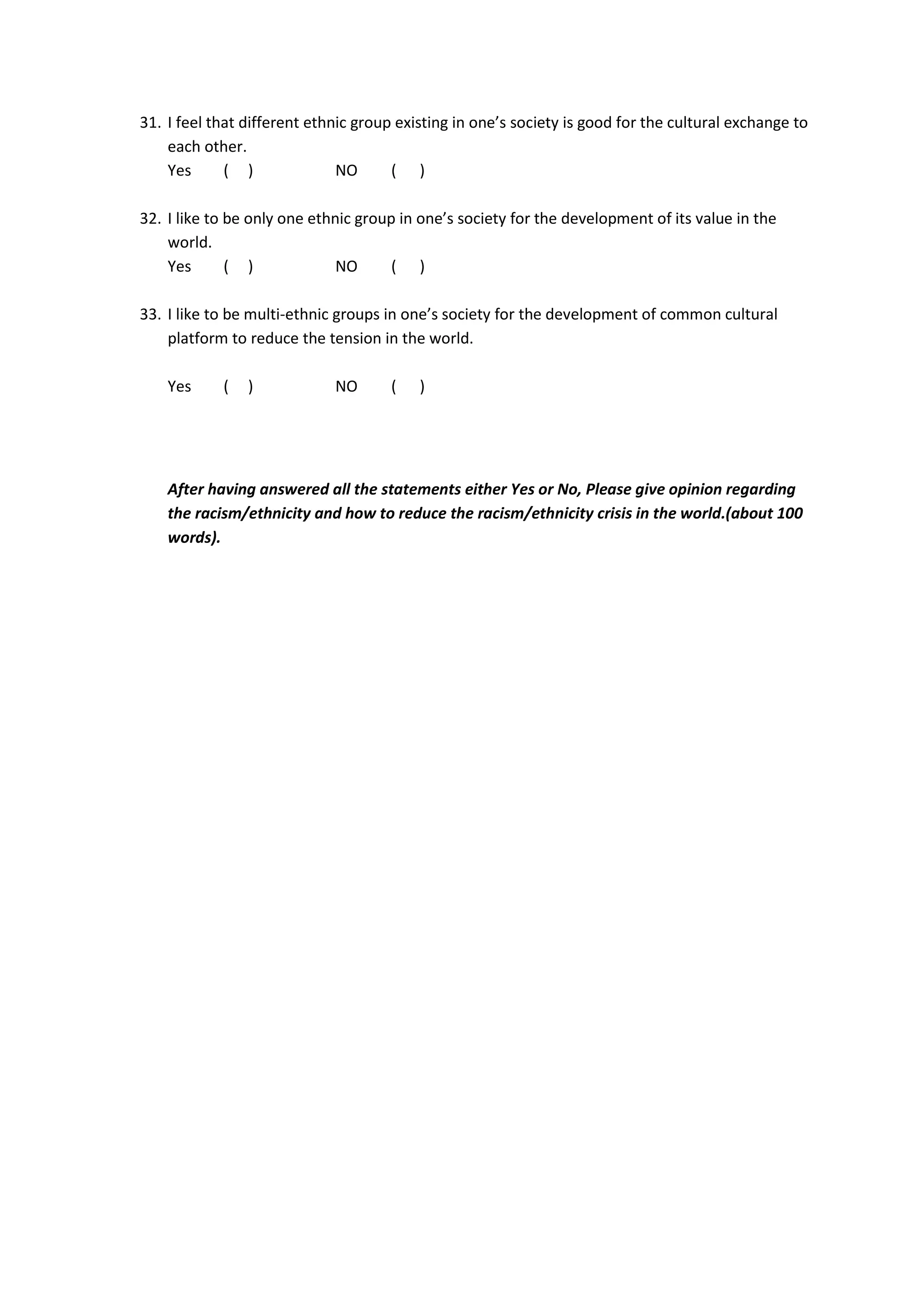 Racism inventory 33 questionnaire | PDF