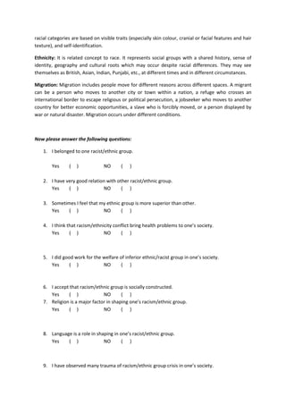 Racism inventory 33 questionnaire | PDF