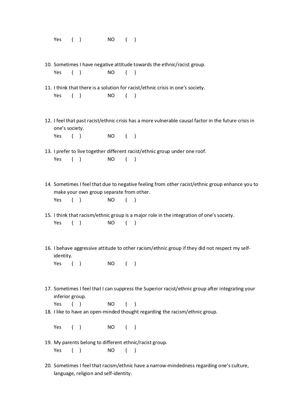 Racism inventory 33 questionnaire
