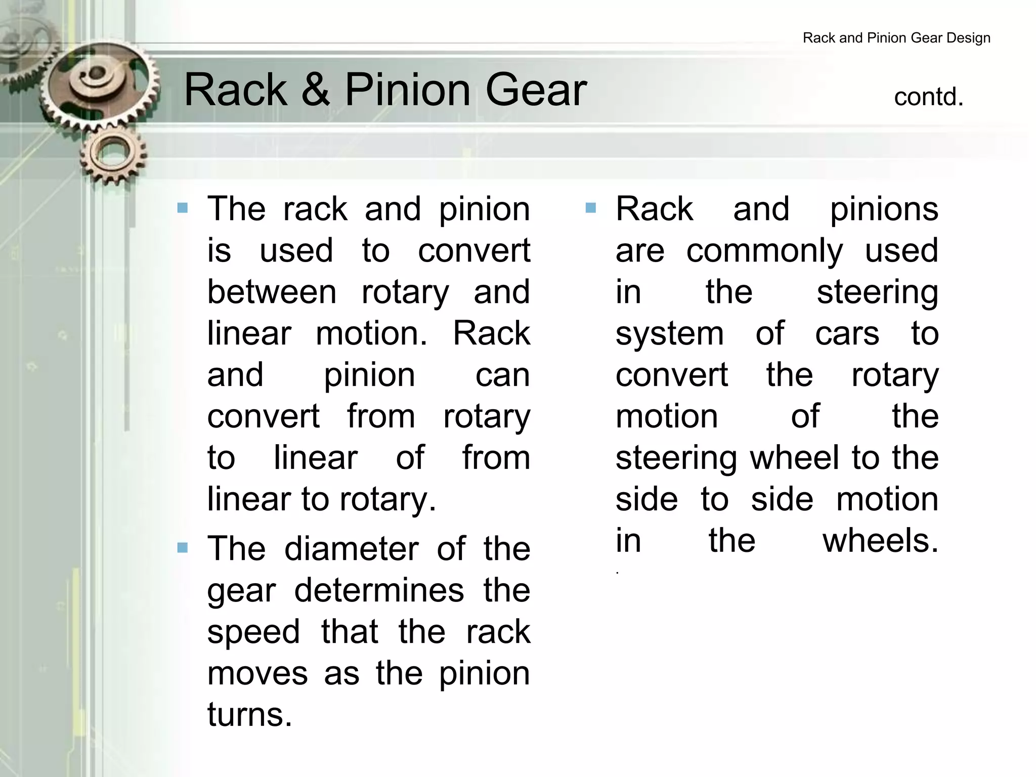 Rack and pinion gear design project. | PPTX