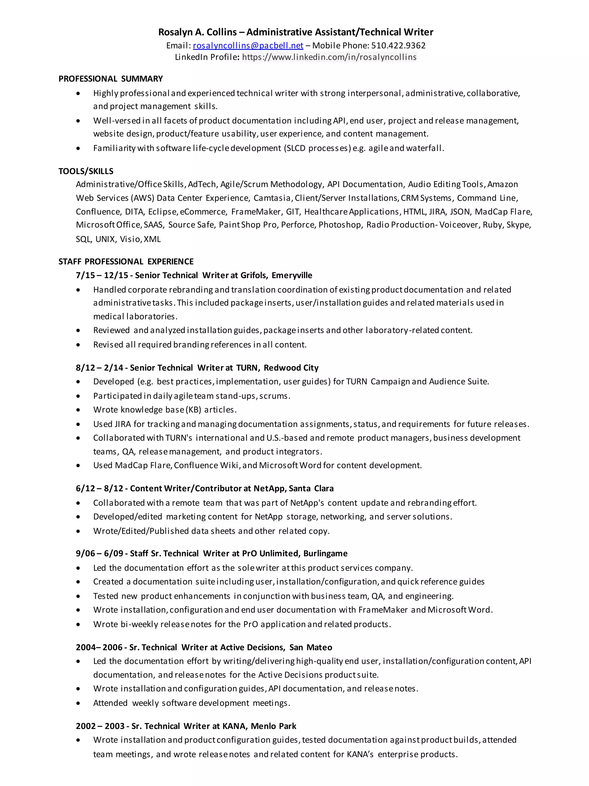 Resume, Rosalyn A. Collins - Technical Writer | DOCX