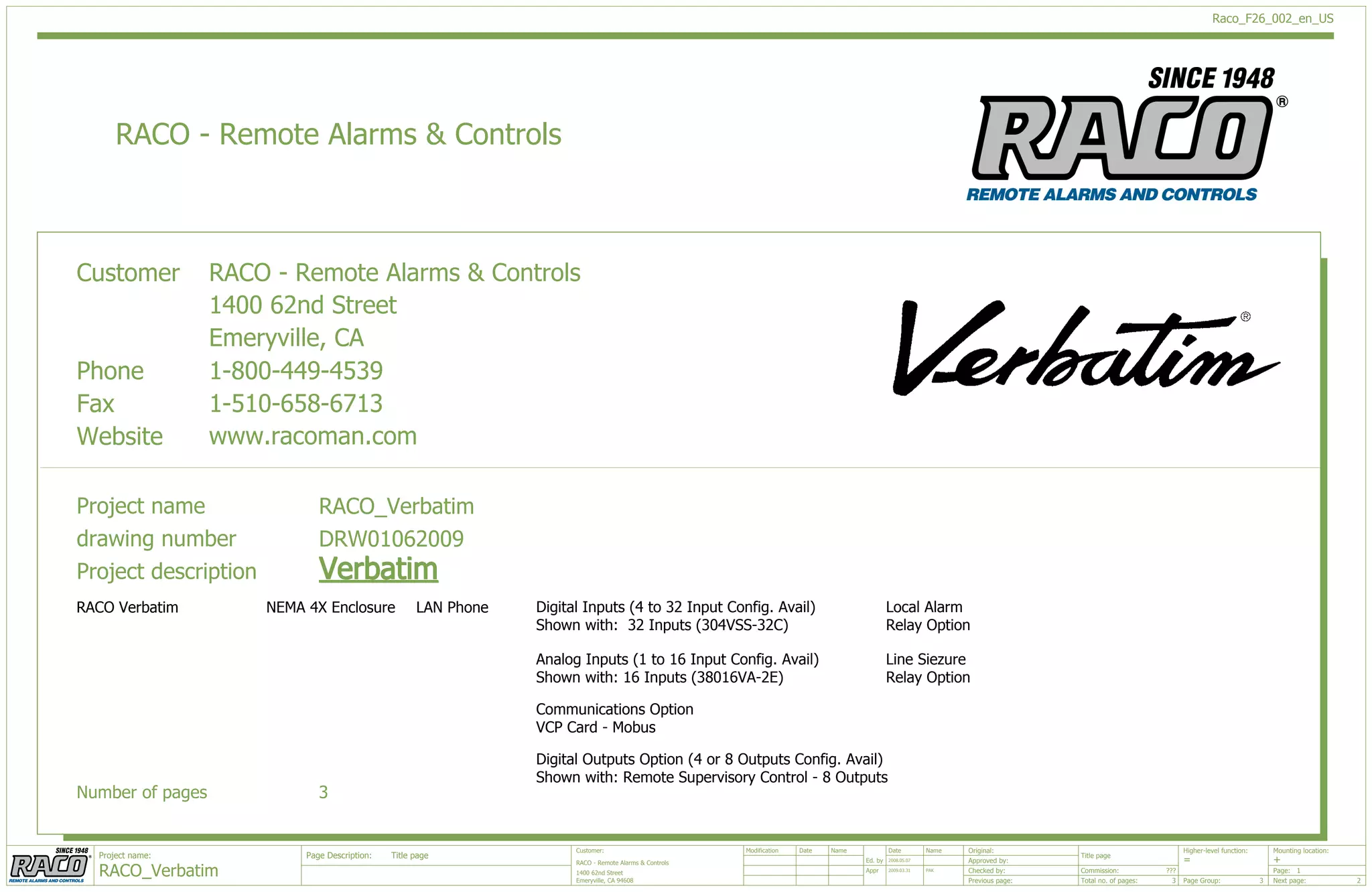 RACO Verbation Alarm Monitoring System Schematic | PDF
