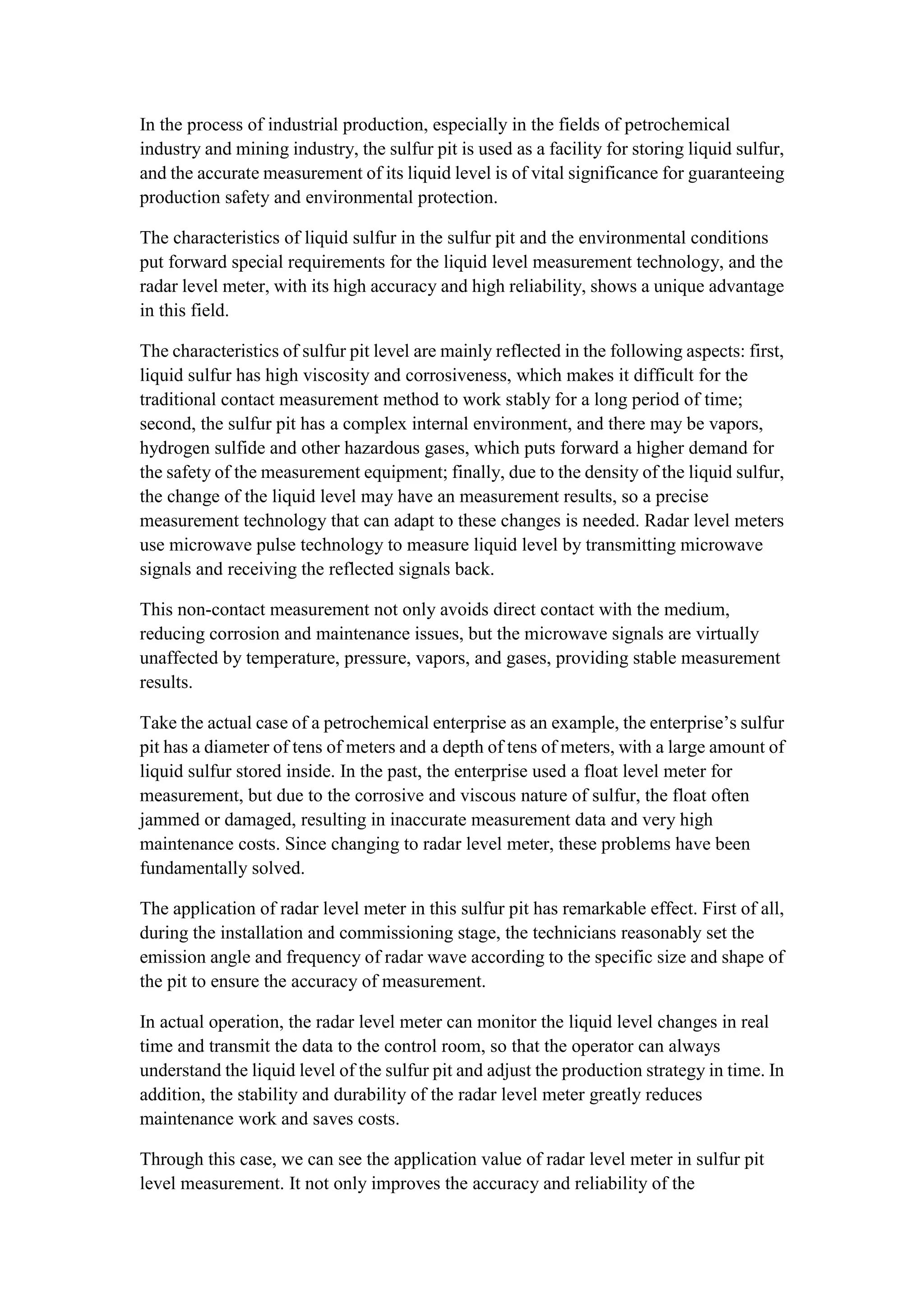 Radar Level Gauges A Sharp Tool For Level Monitoring In Sulphur Pits | DOC