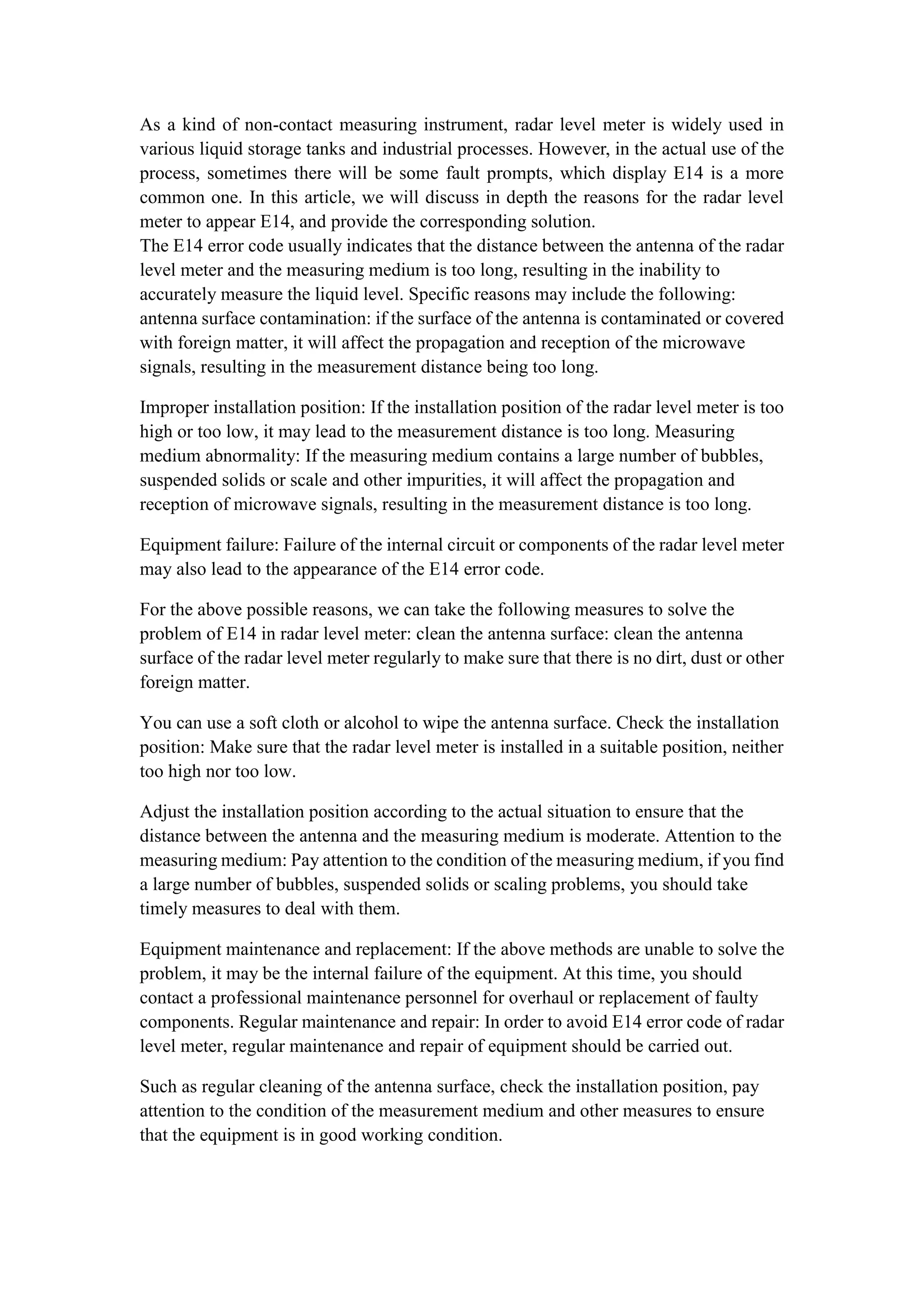 Radar Level Meter Appears E14 Reasons And Solutions | DOC