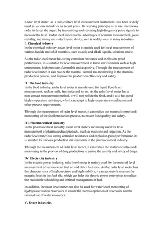 Radar Level Meter Applications In Various Industries | PDF