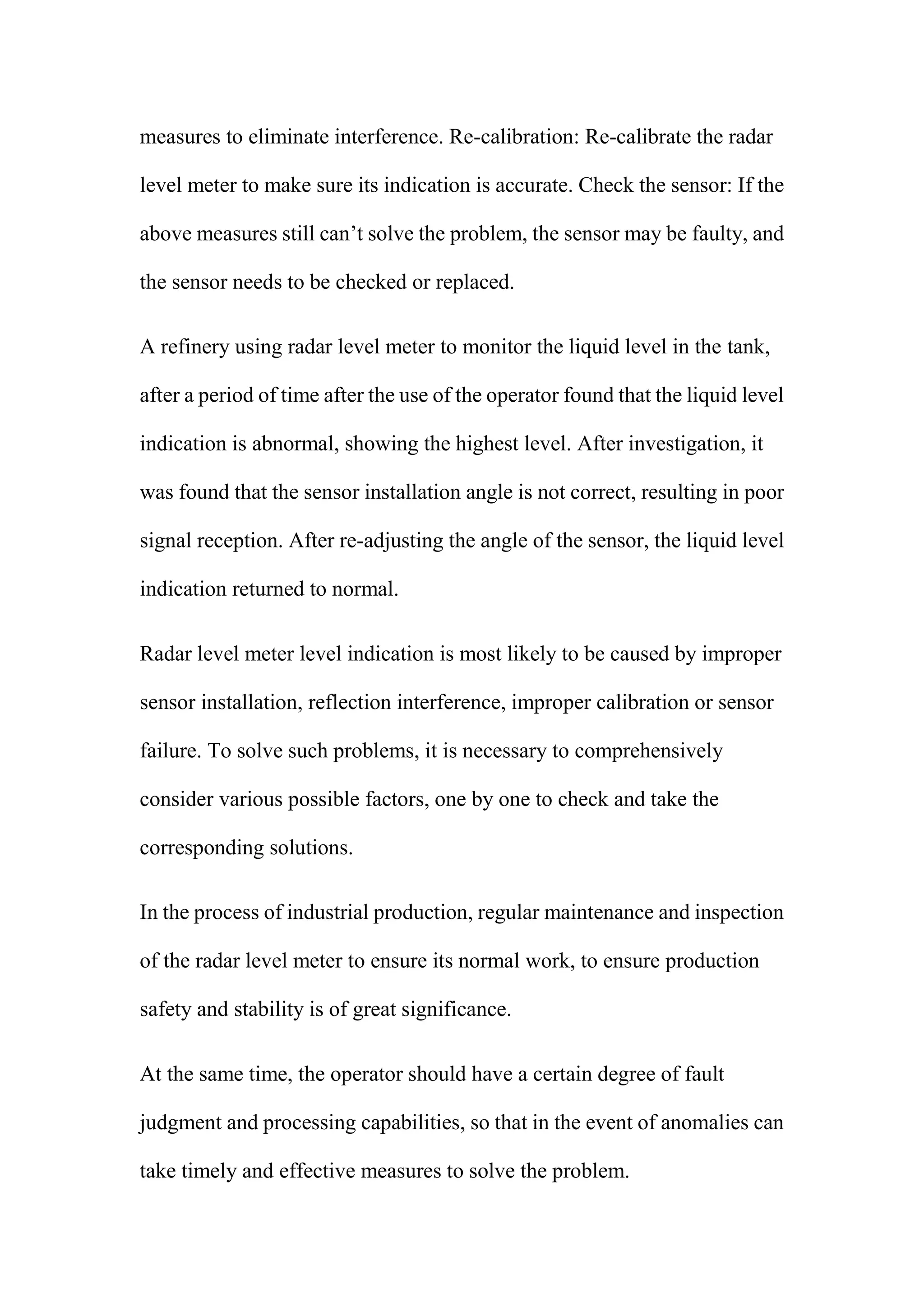 Radar Level Meter Liquid Level Indication Maximum Reasons And Solutions ...