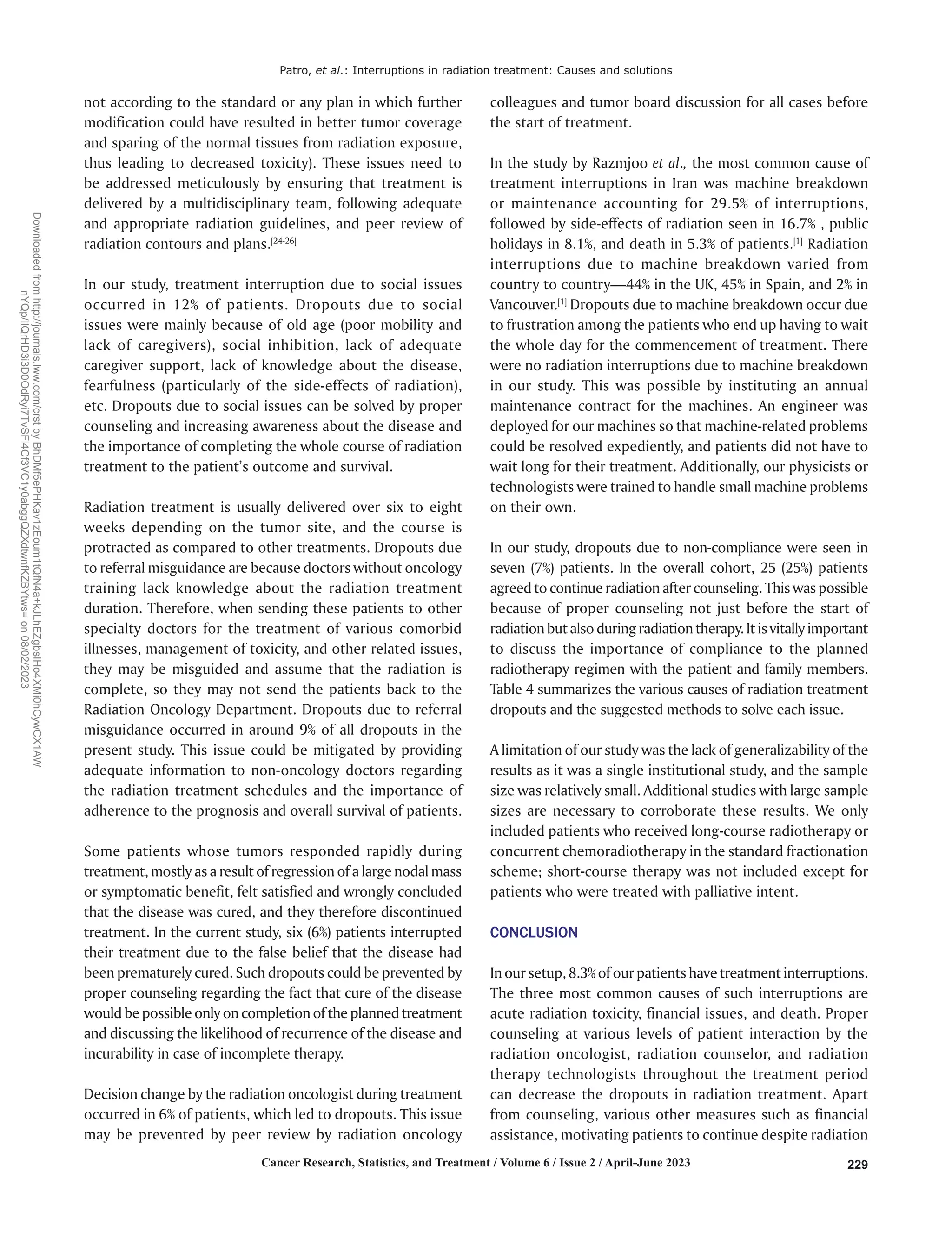 Radiation treatment dropouts-Pitfalls and solutions: A retrospective ...