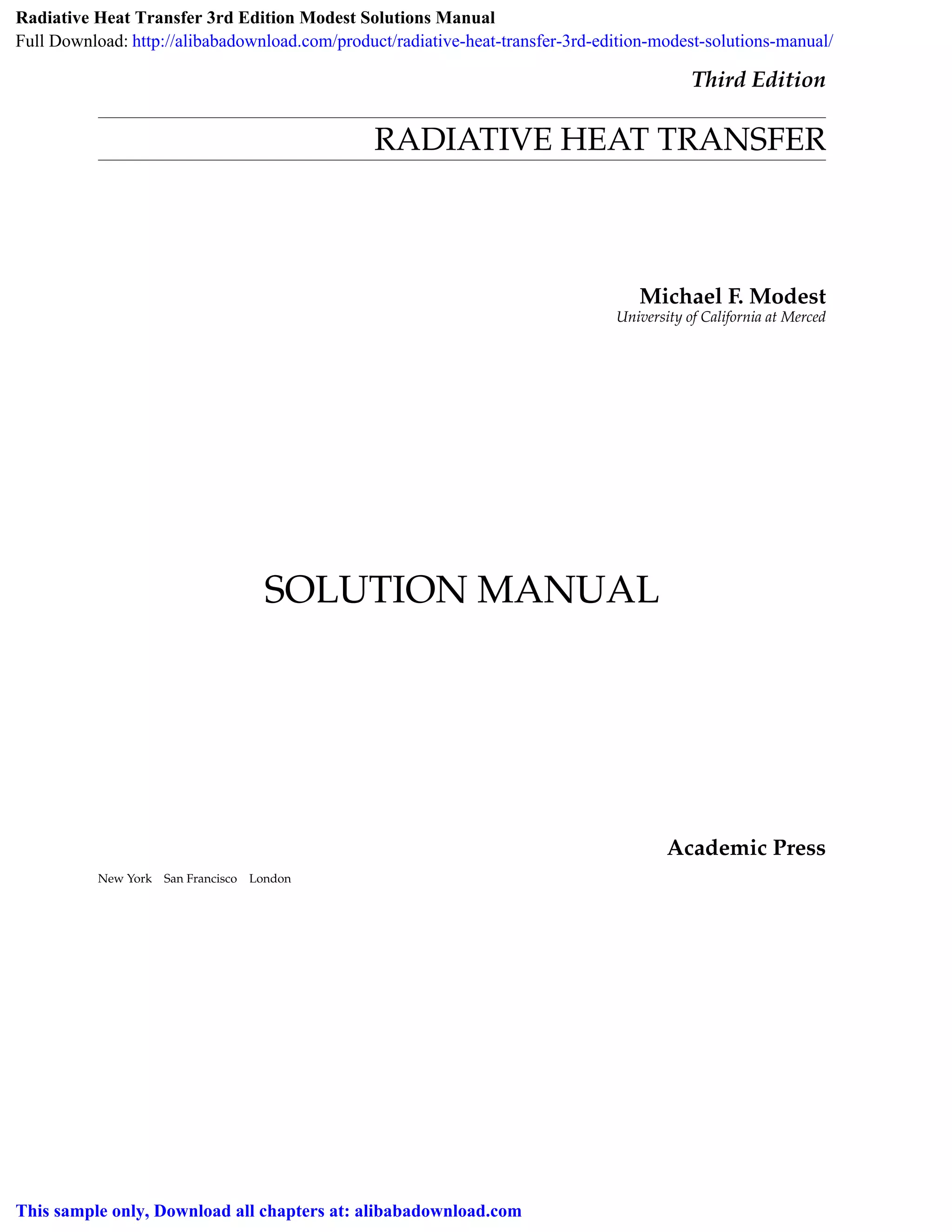 Radiative Heat Transfer 3rd Edition Modest Solutions Manual | PDF