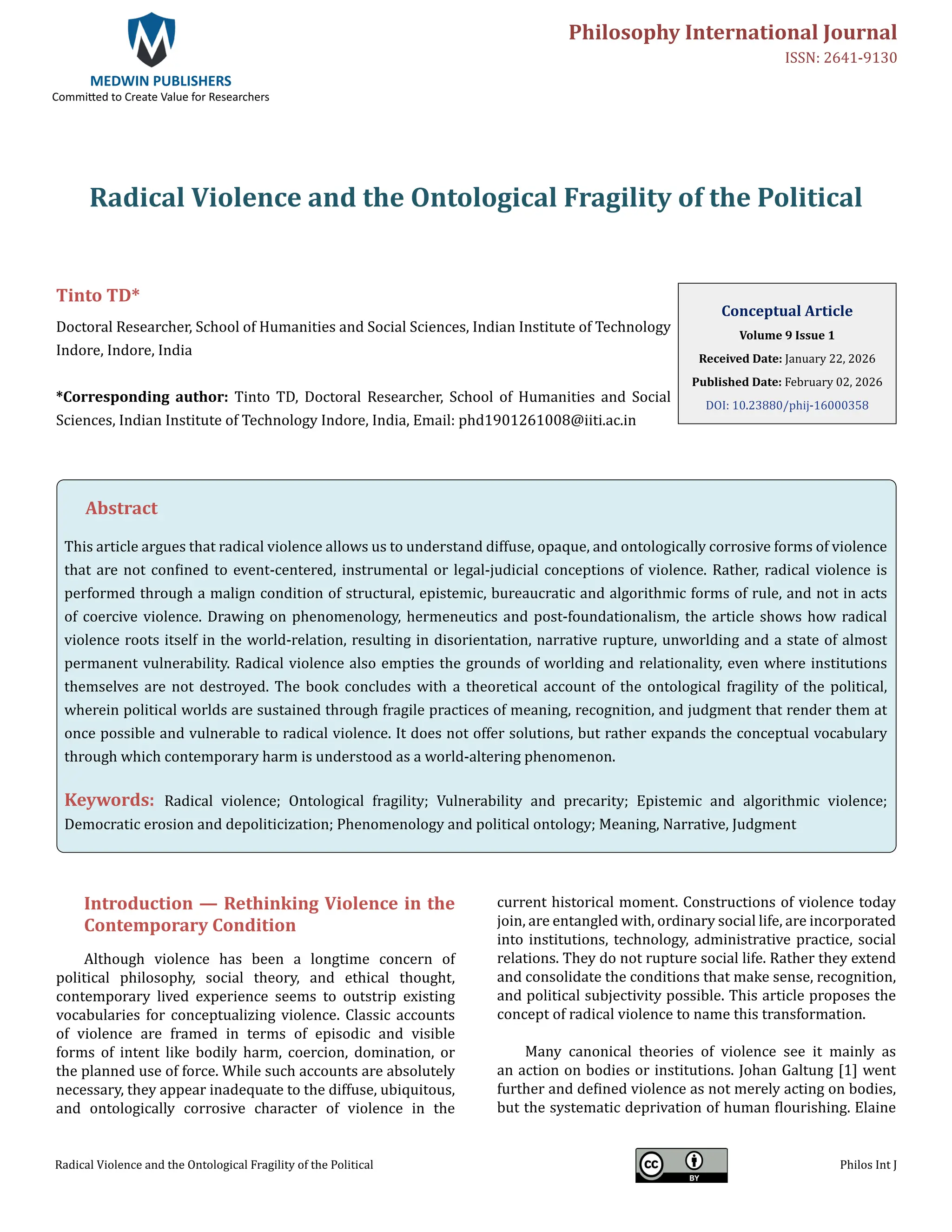 Radical Violence and the Ontological Fragility of the Political | PDF
