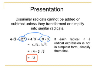 Addition and Subtraction of radicals (Dissimilar radicals) | PPT