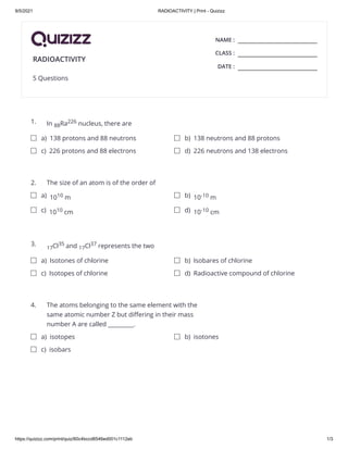 ICSE BOARD CLASS X - CAHPTER: Radioactivity - quizizz | PDF