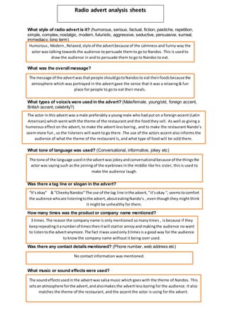 Radio advert analysis sheet (nandos) | PDF