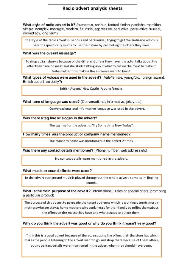 Radio Advert Analysis Sheet sainsburys radio-advert-analysis-sheet-sainsburys