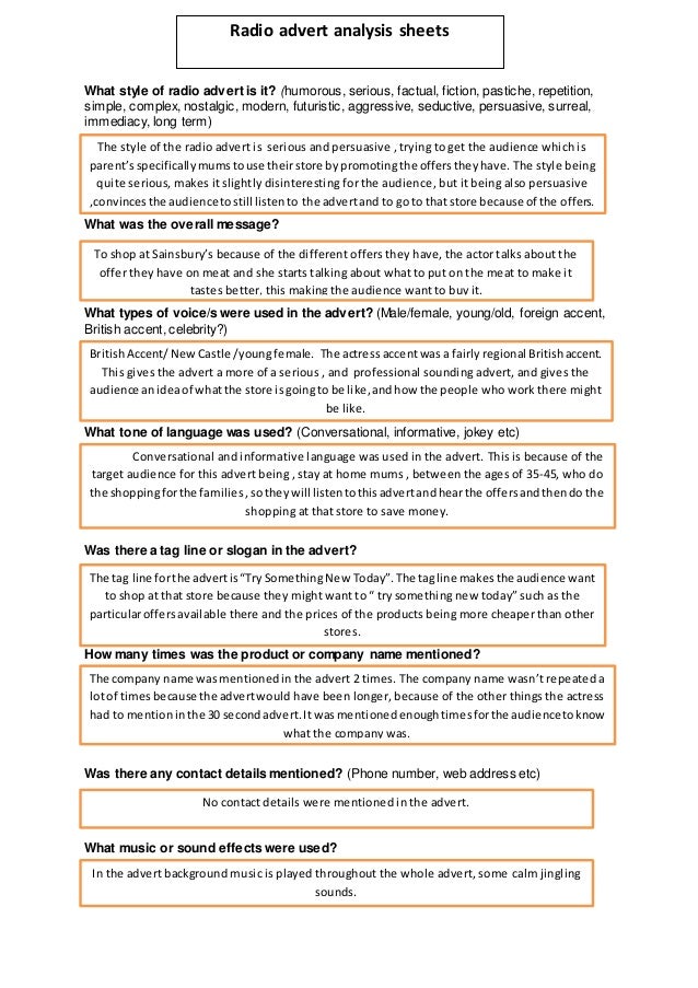 Radio Advert Analysis Sheet sainsburys radio-advert-analysis-sheet-sainsburys