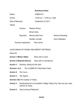 Radio broadcasting script (real news patrol) | DOCX