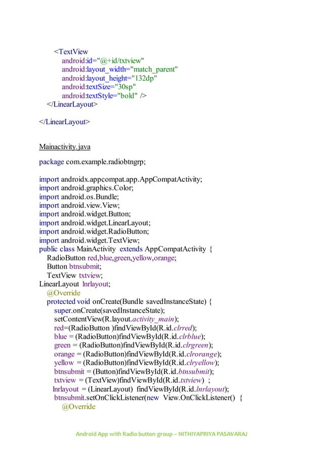 Android LAb - Creating an android app with Radio button | PDF