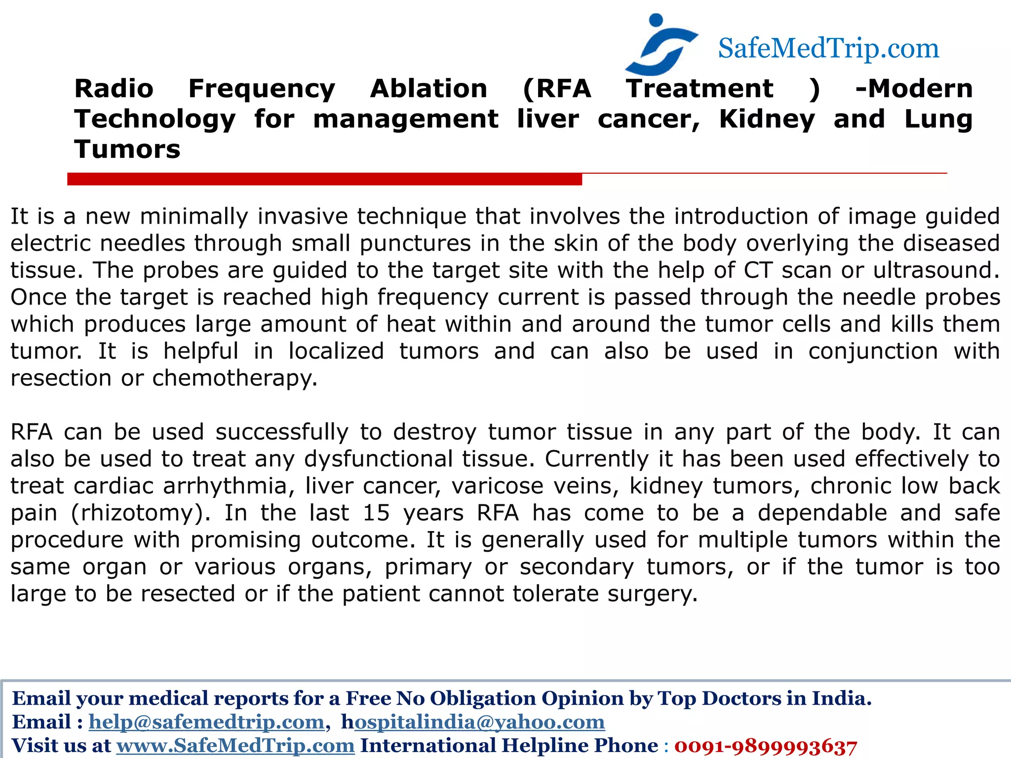 Radio Frequency Ablation (RFA Treatment ) -Modern Technology for management liver cancer, Kidney ...
