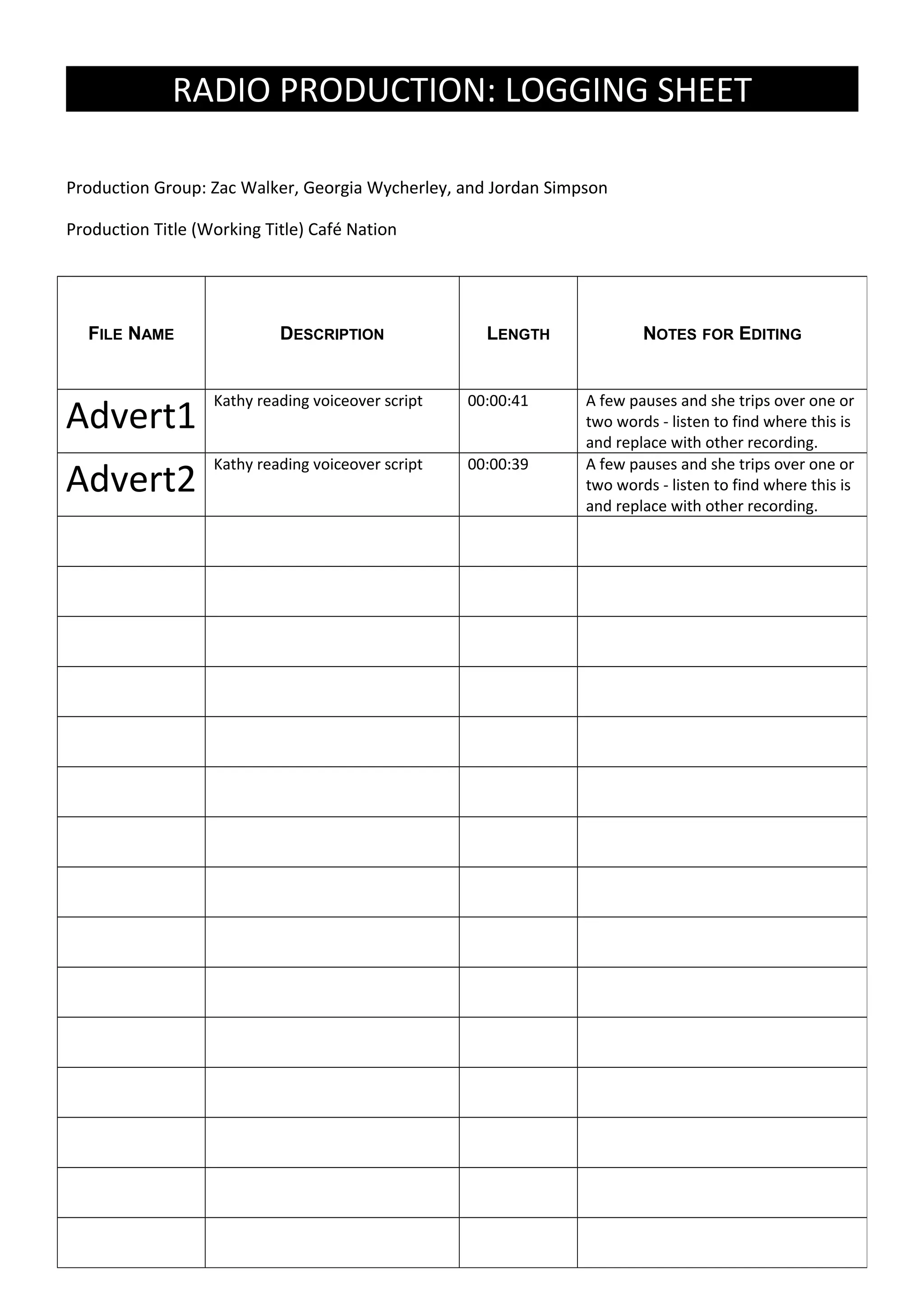 Radio logging sheet | DOC