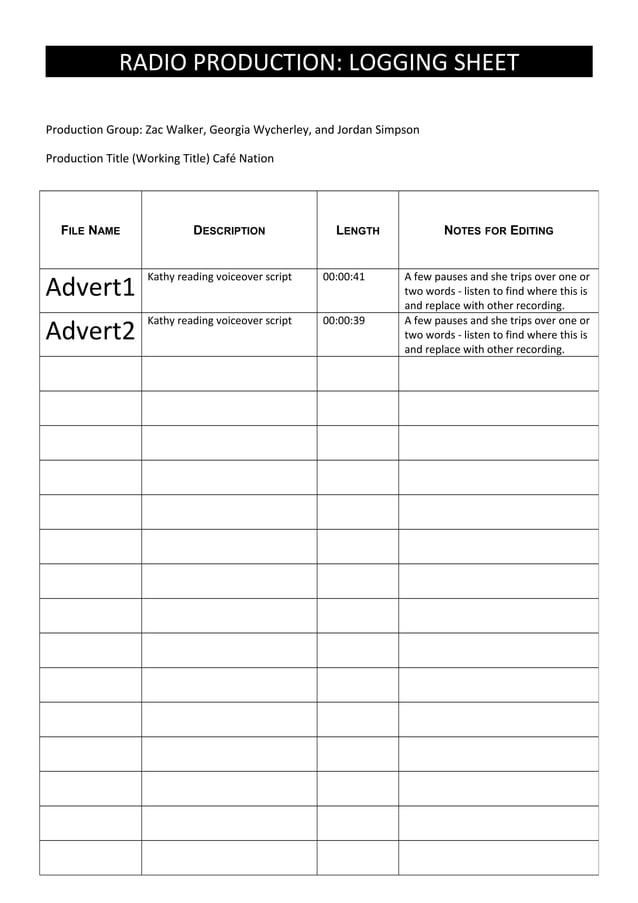 Radio logging sheet | DOC