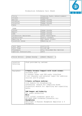 Radio production schedule call sheet template | PDF