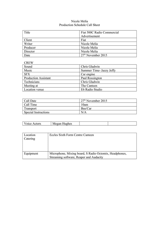 Radio production schedule call sheet template | PDF