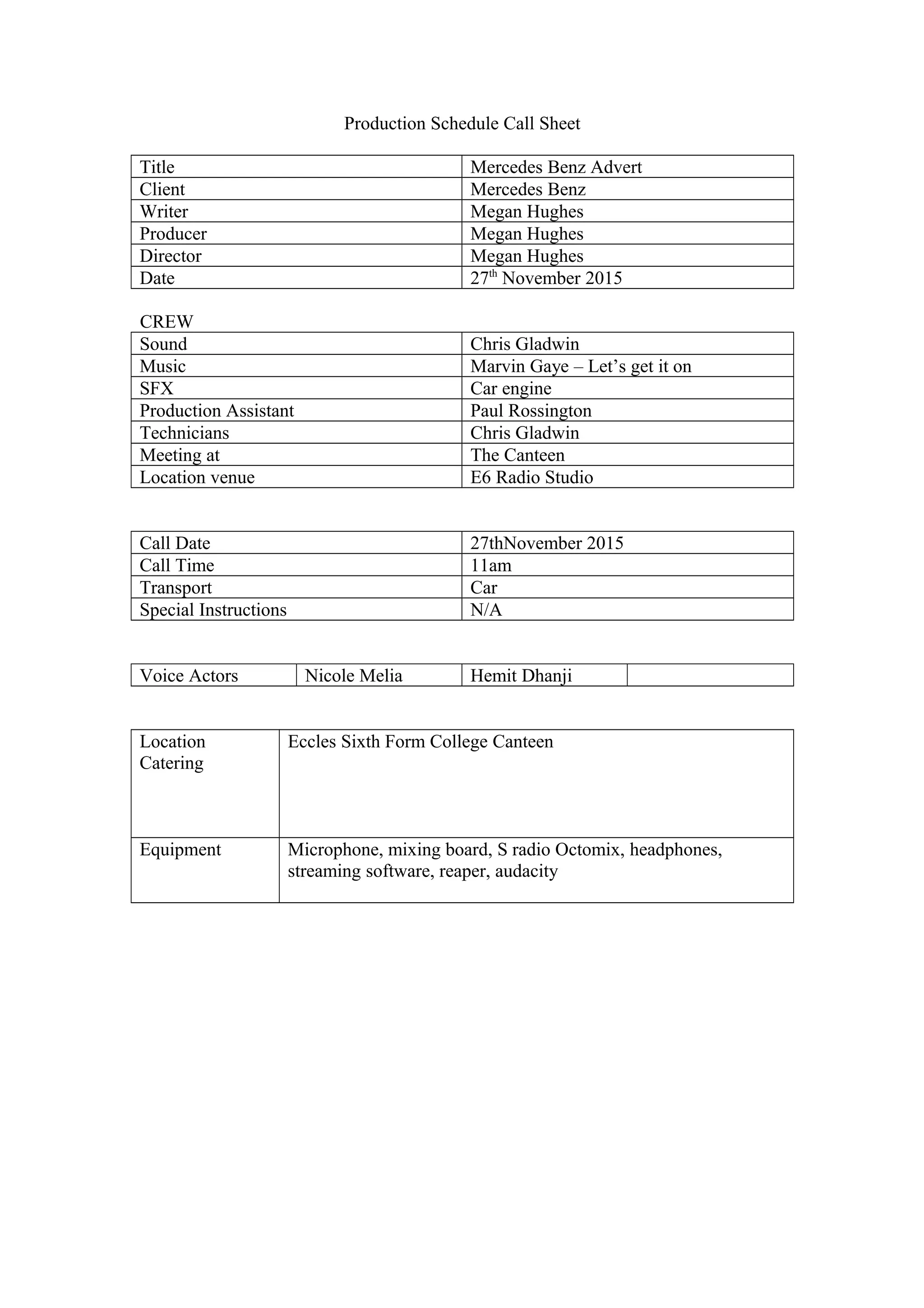 Radio production schedule call sheet template | DOC