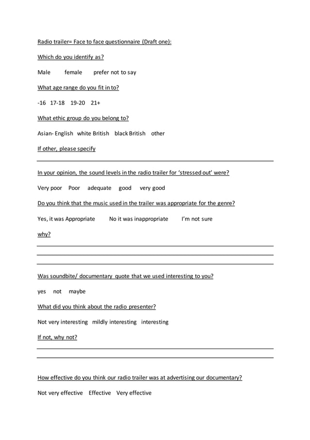 Radio trailer questionnaire improved | DOCX | Documentary | Genres