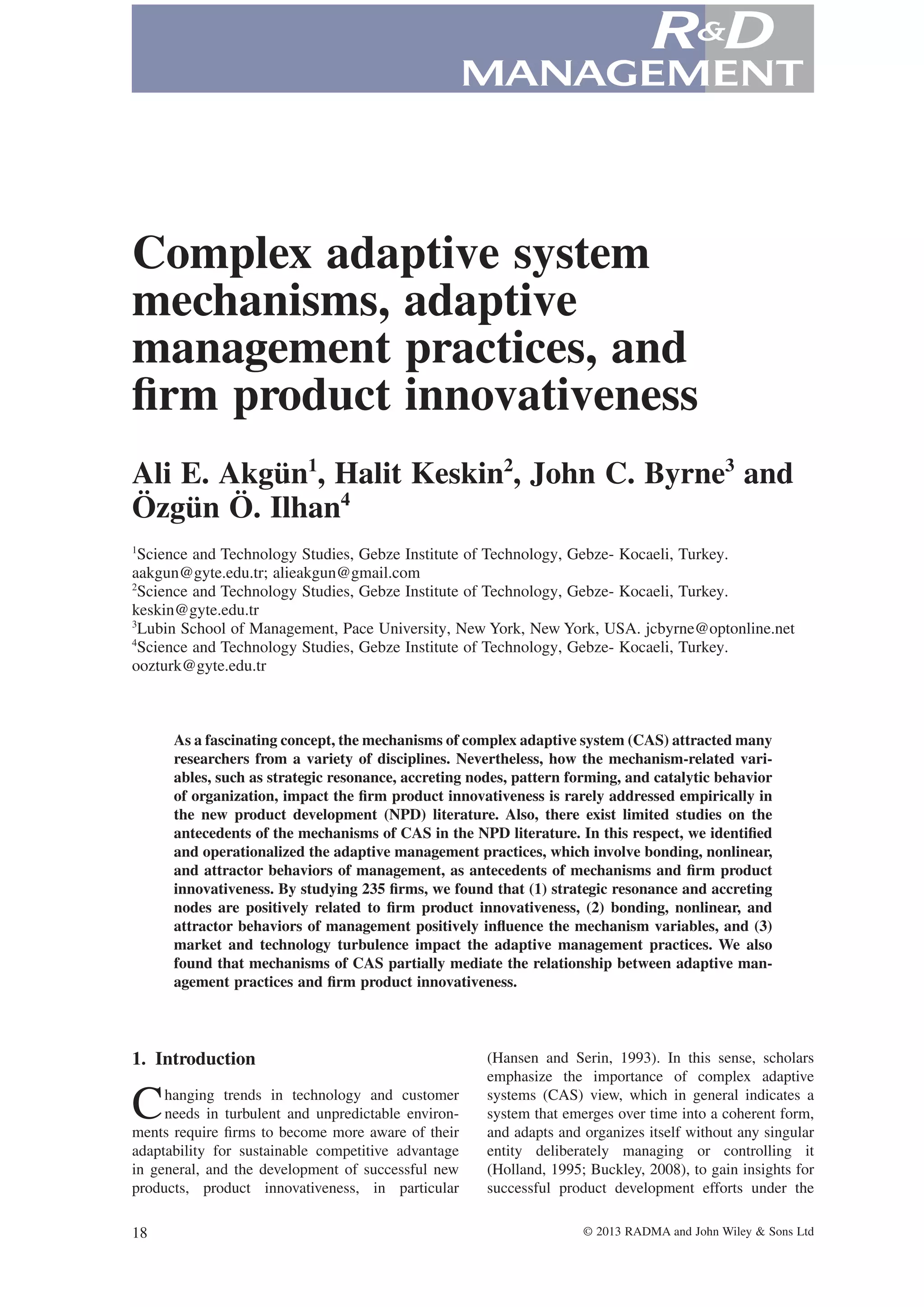 Complex adaptive system mechanisms, adaptive management practices, and firm product ...