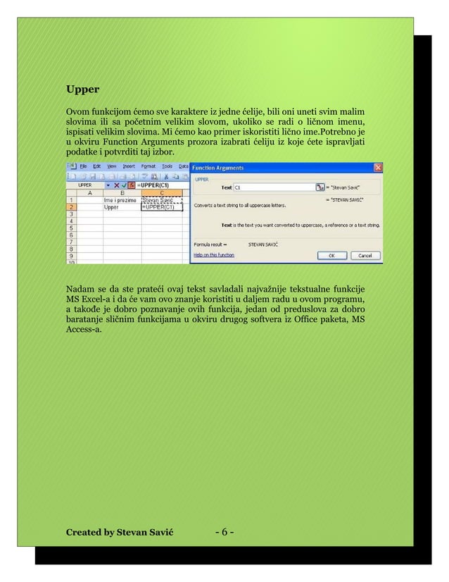 Rad sa tekstualnim funkcijama u ms excel | DOC