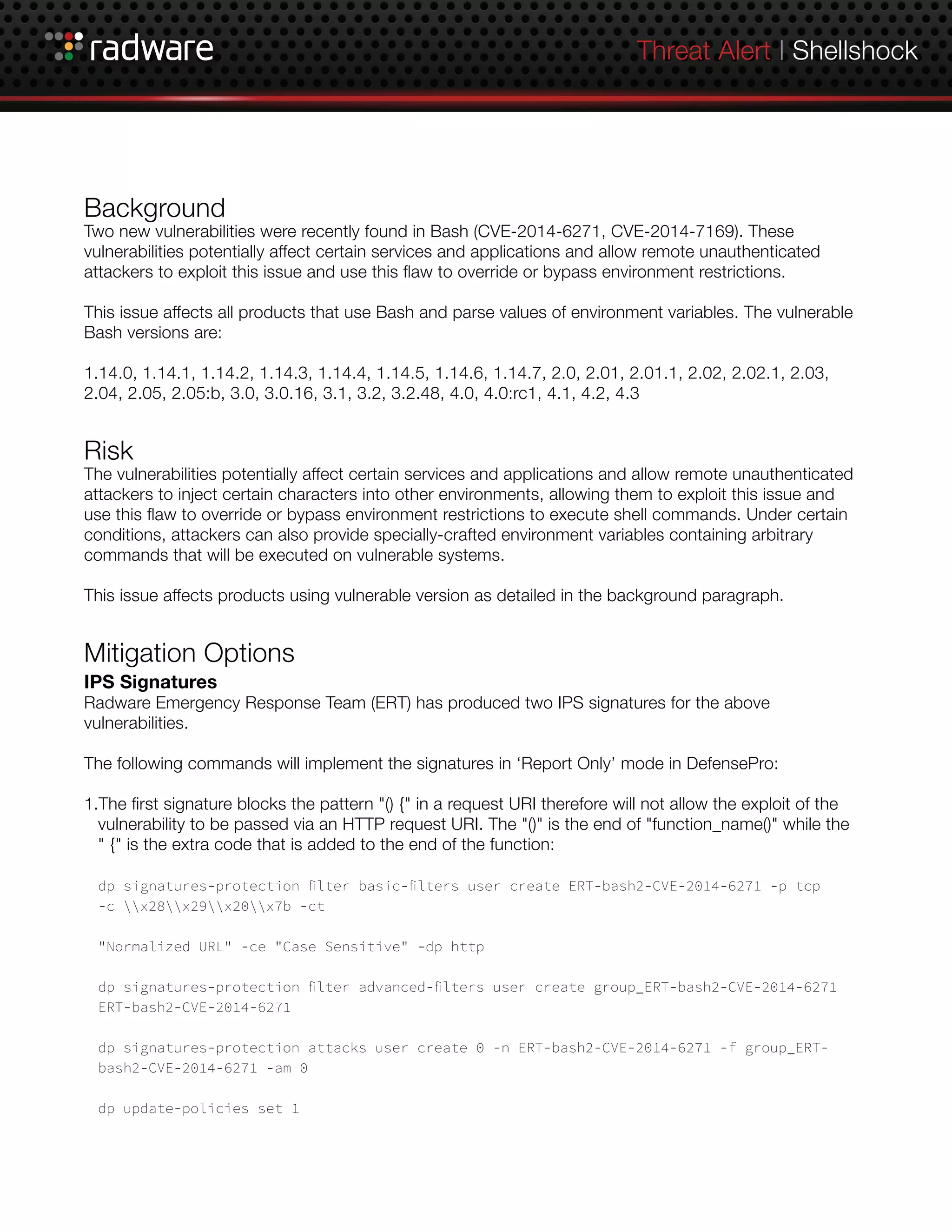 Radware ERT Threat Alert: Shellshock Bash | PDF