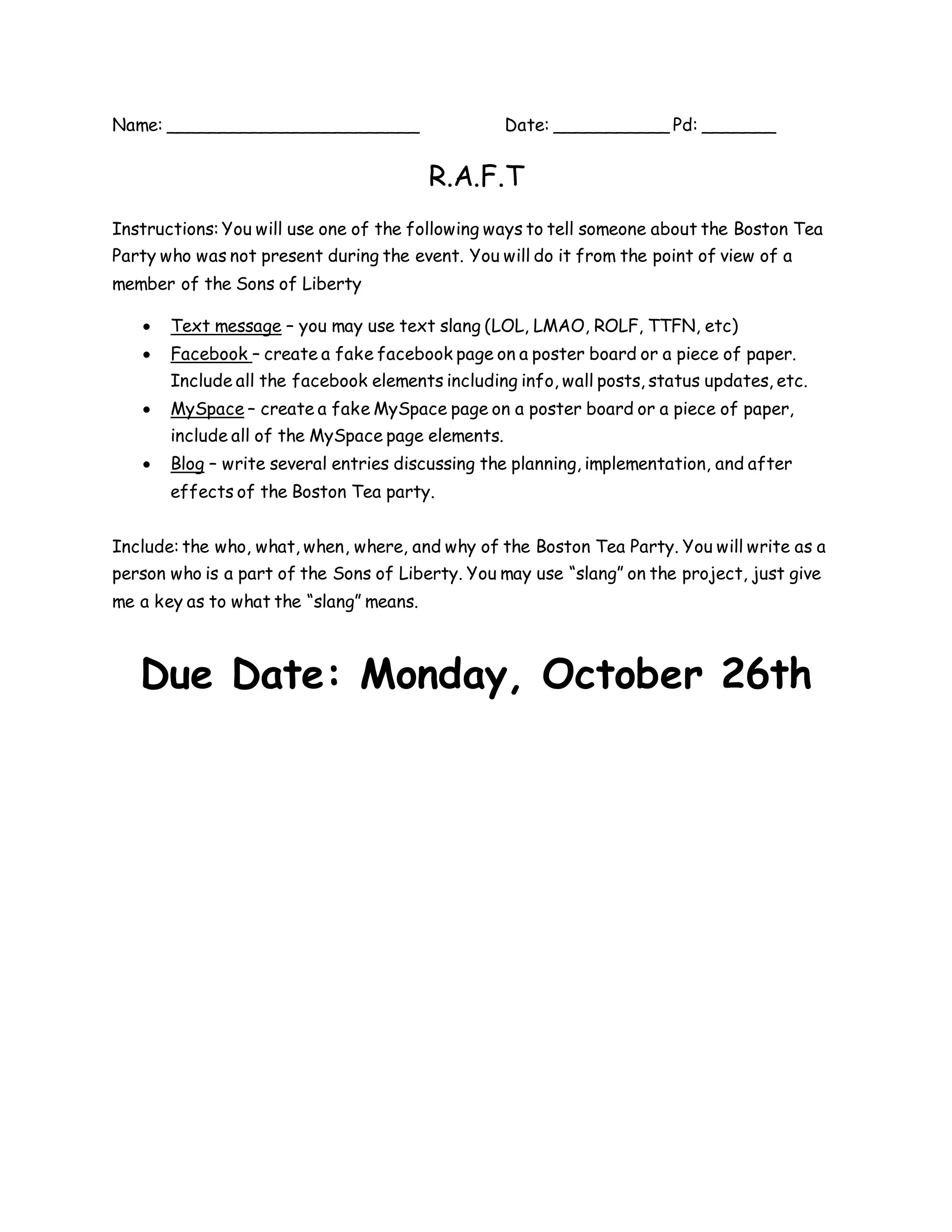 Raft- Boston Tea Party Project Instructions | DOCX | Technology & Computing