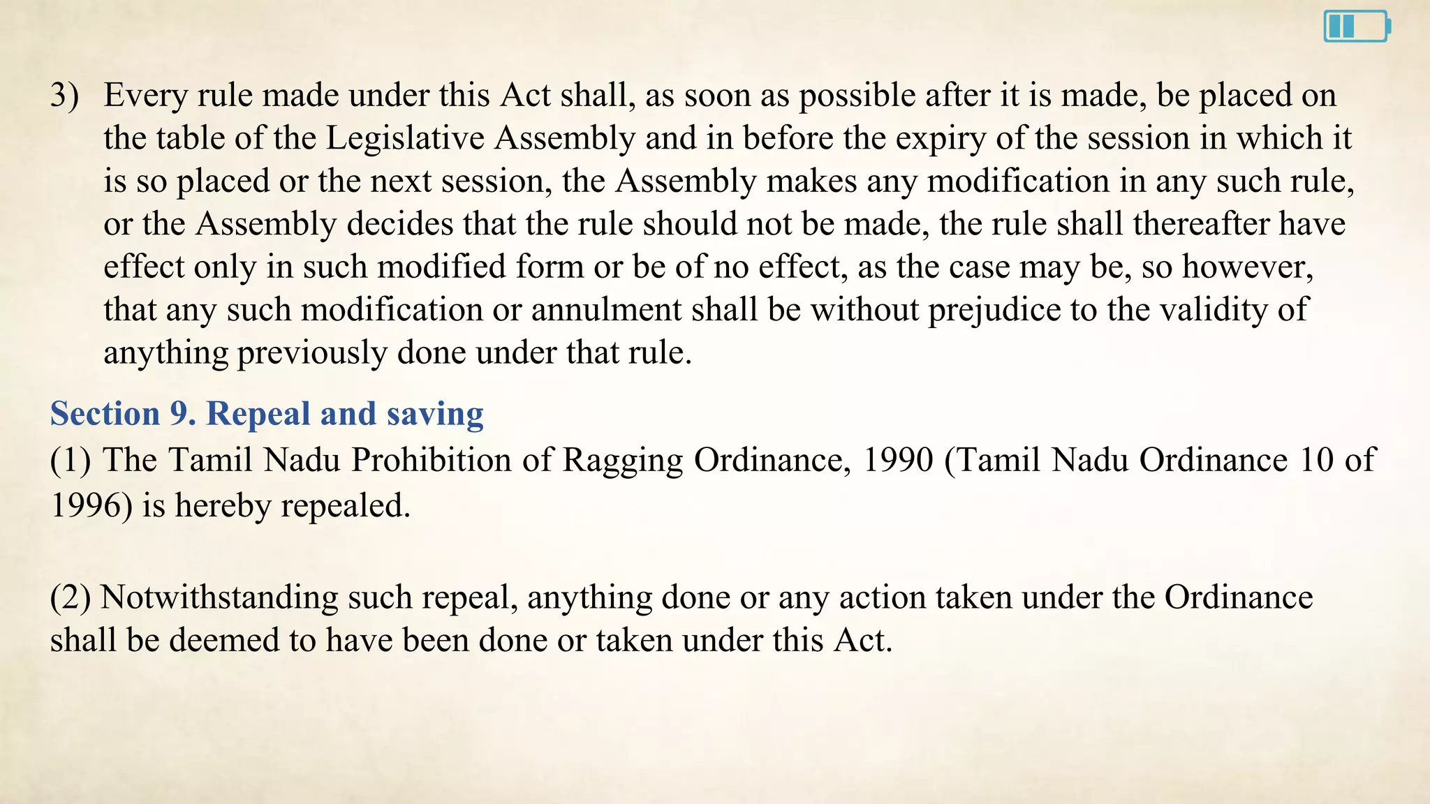 Tamil Nadu Prohibition of Ragging Act (1997) | PPTX