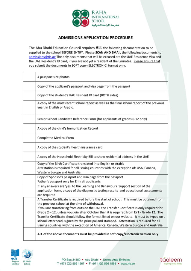 Raha International School - Admissions Application Procedure | PDF
