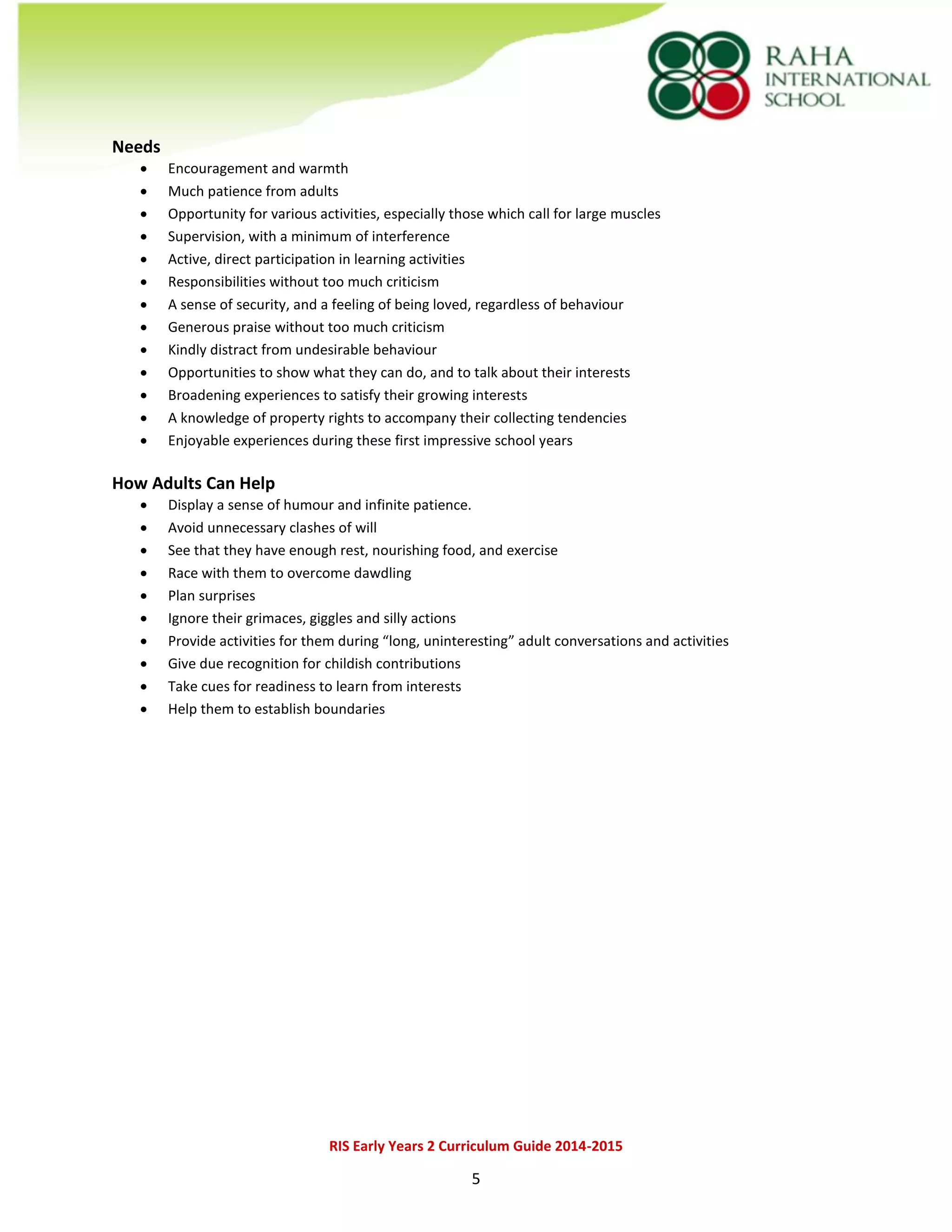 Raha International School, EY2 Curriculum Guide for Parents 2014-2015 | PDF