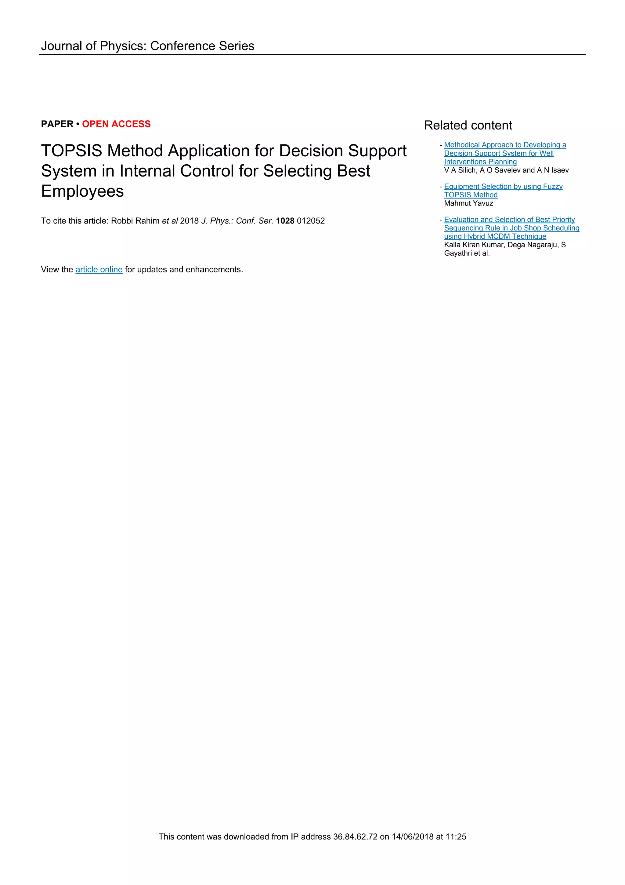 TOPSIS Method Application for Decision Support System in Internal ...