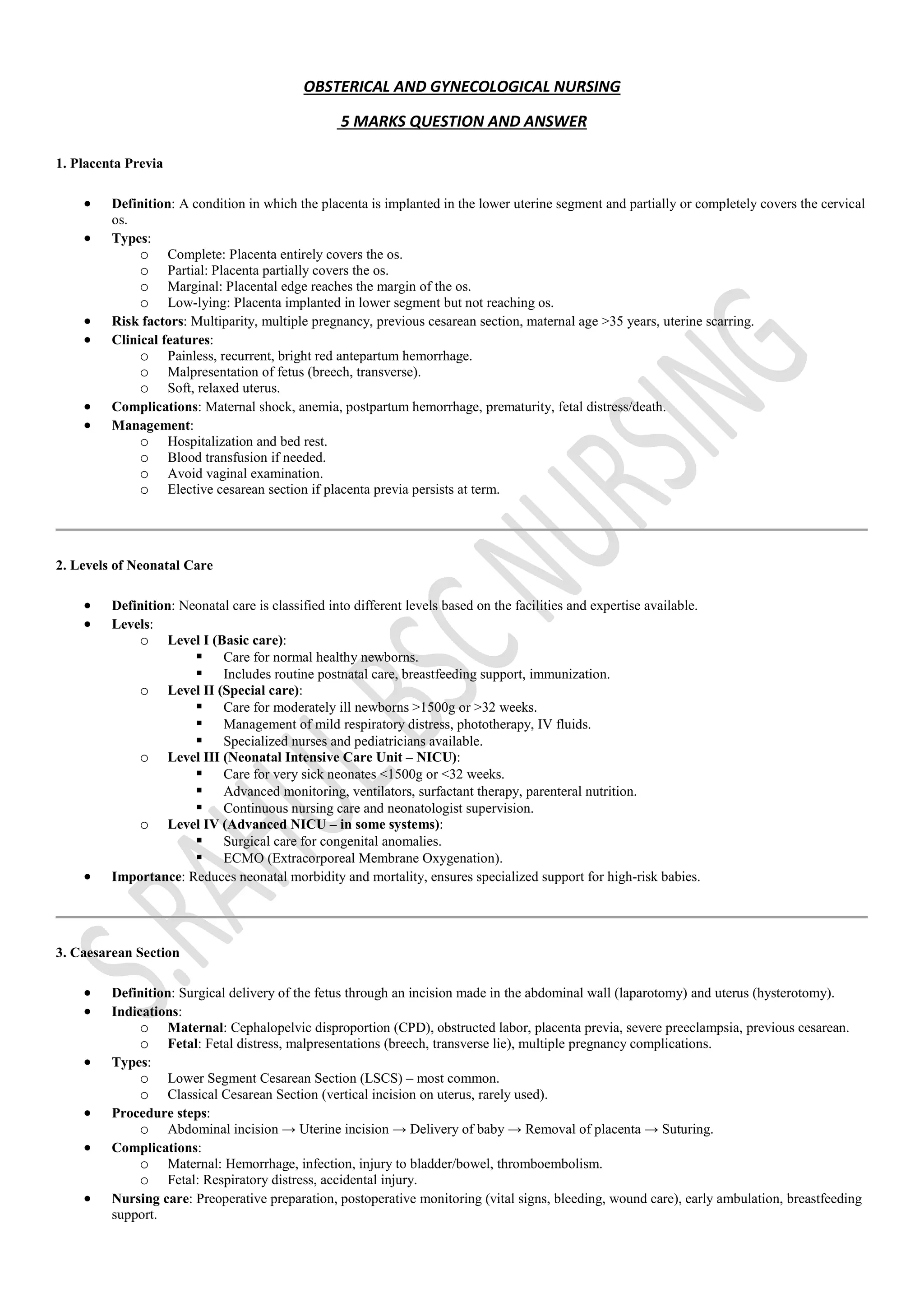 OBSTETRICAL AND GYNECOLOGY 5 MARKS STUDYING MATERIALS | PDF