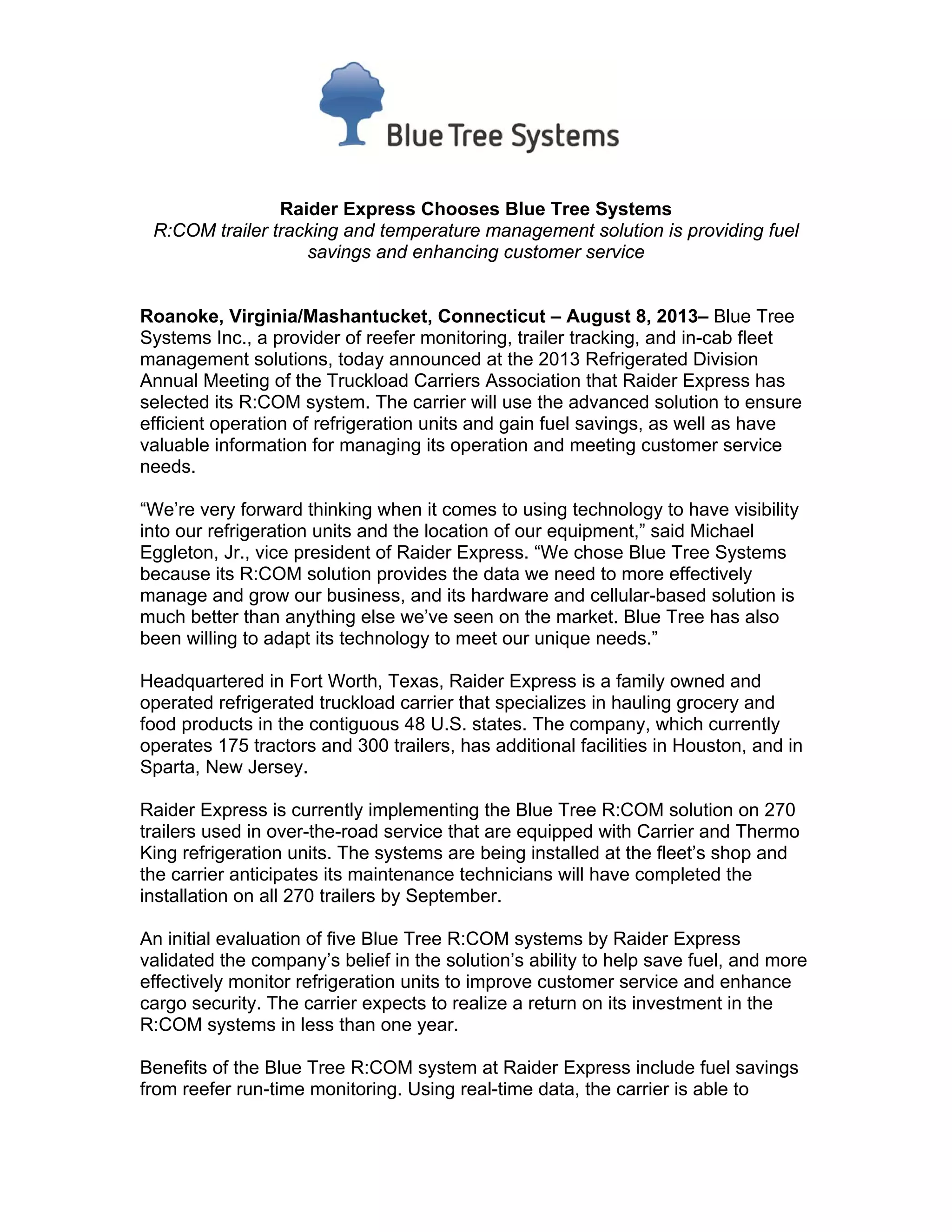 Raider Express Chooses Blue Tree Systems | PDF