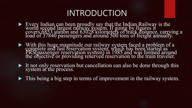 RAILWAY MANAGEMENT SYSTEM.pptx | Rail Travel | Travel Type