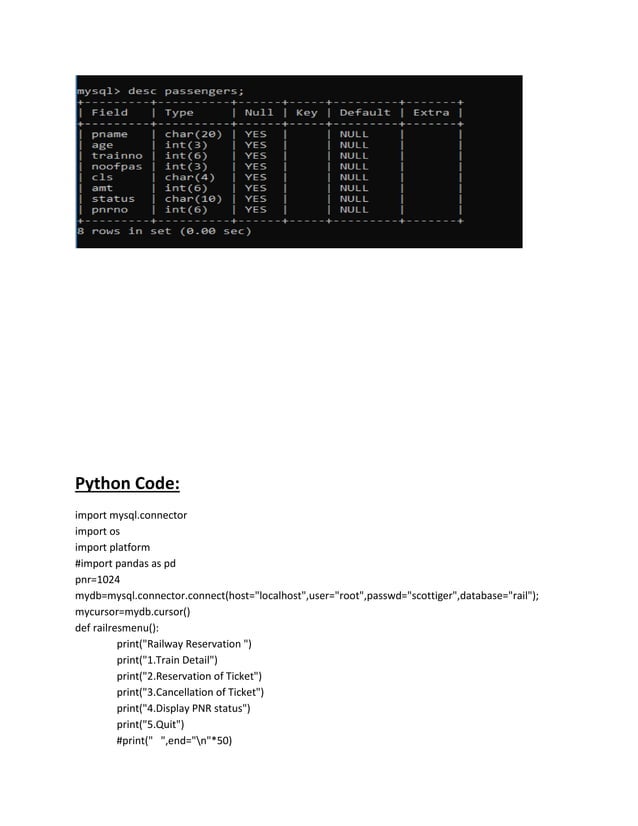 railway_PROJECT.doc on python my SQL connectivity | DOC