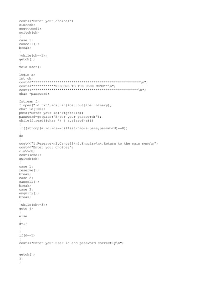 c++ program for Railway reservation | TXT | Programming Languages | Computing