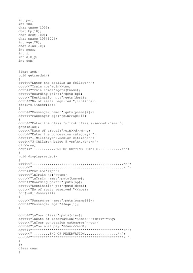 c++ program for Railway reservation | TXT | Programming Languages | Computing