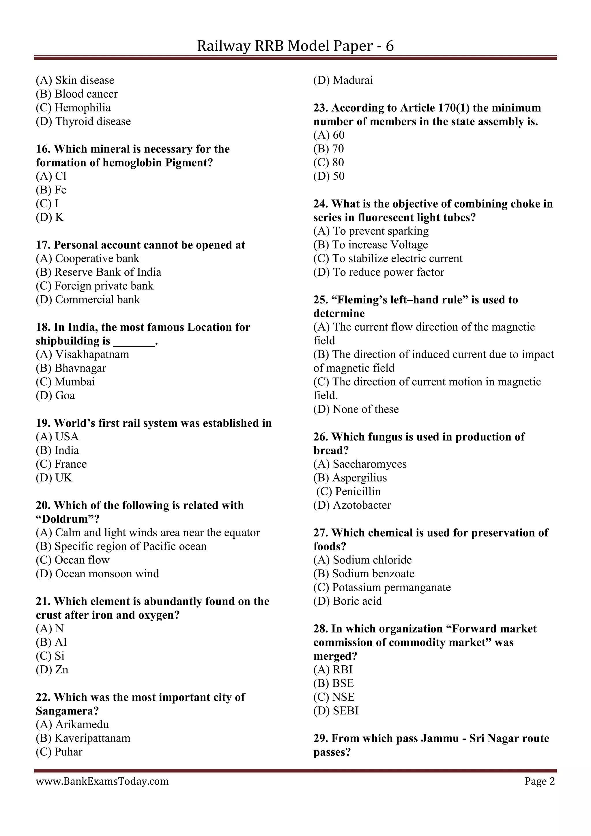 Railway RRB Model Paper | PDF | Chemistry | Science