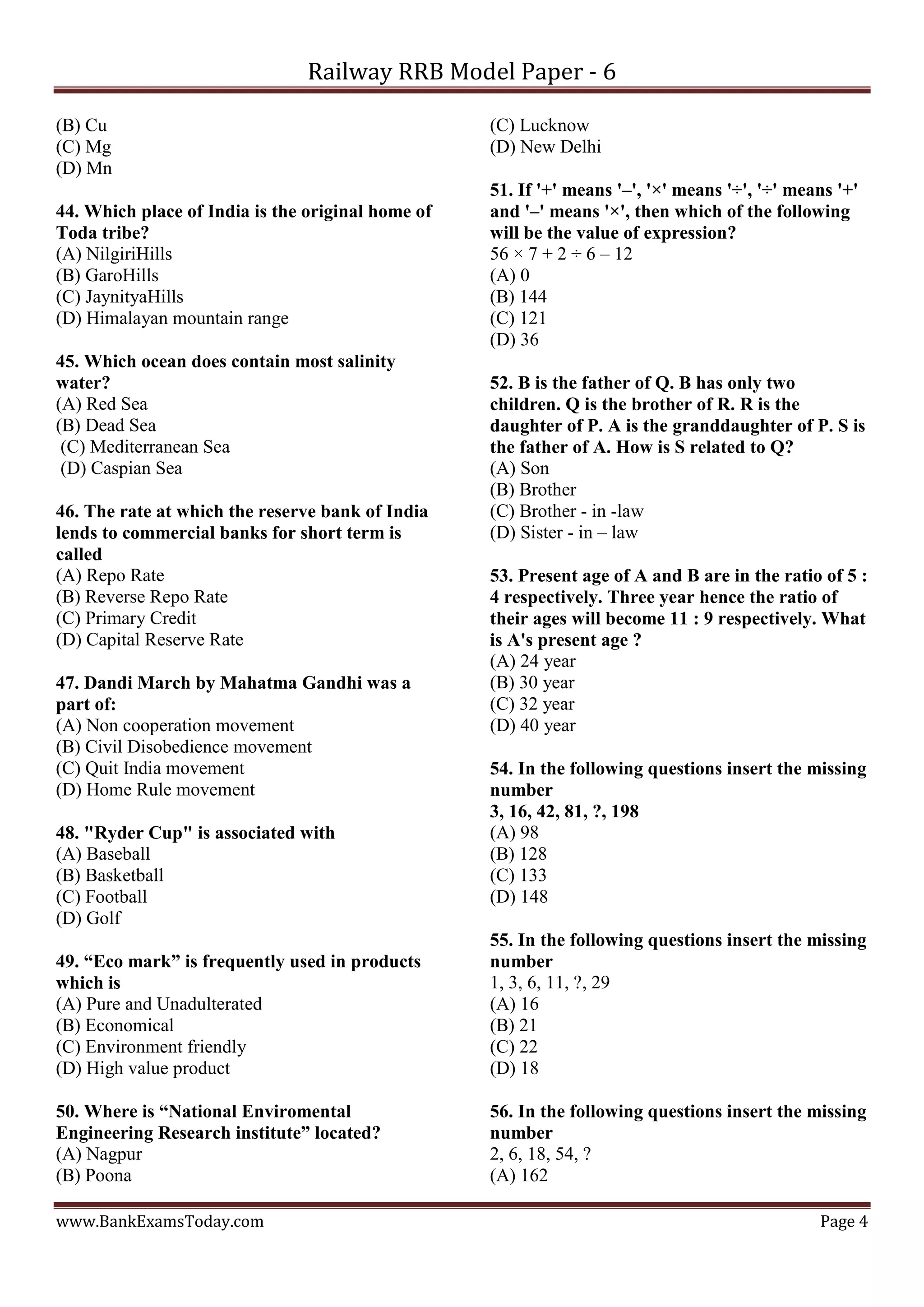 Railway RRB Model Paper | PDF | Chemistry | Science