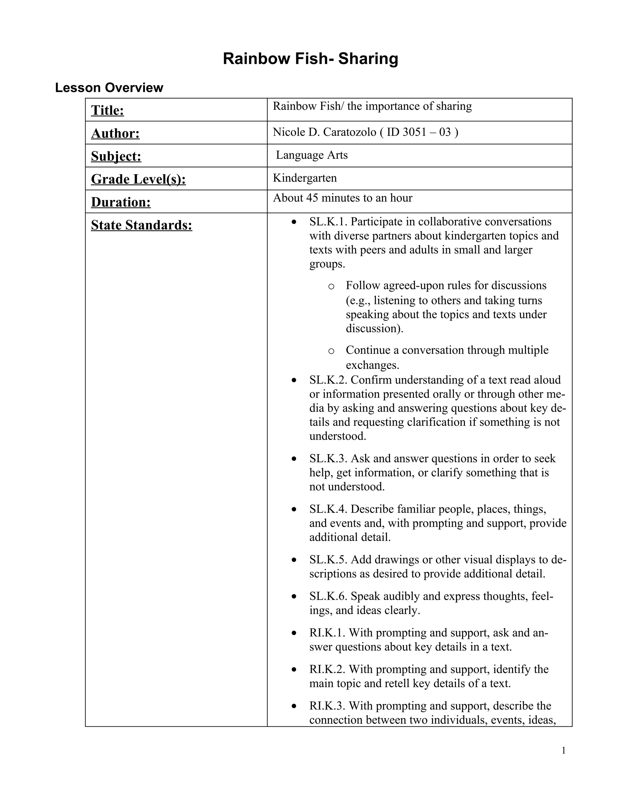 Rainbow fish lesson template new version | DOC
