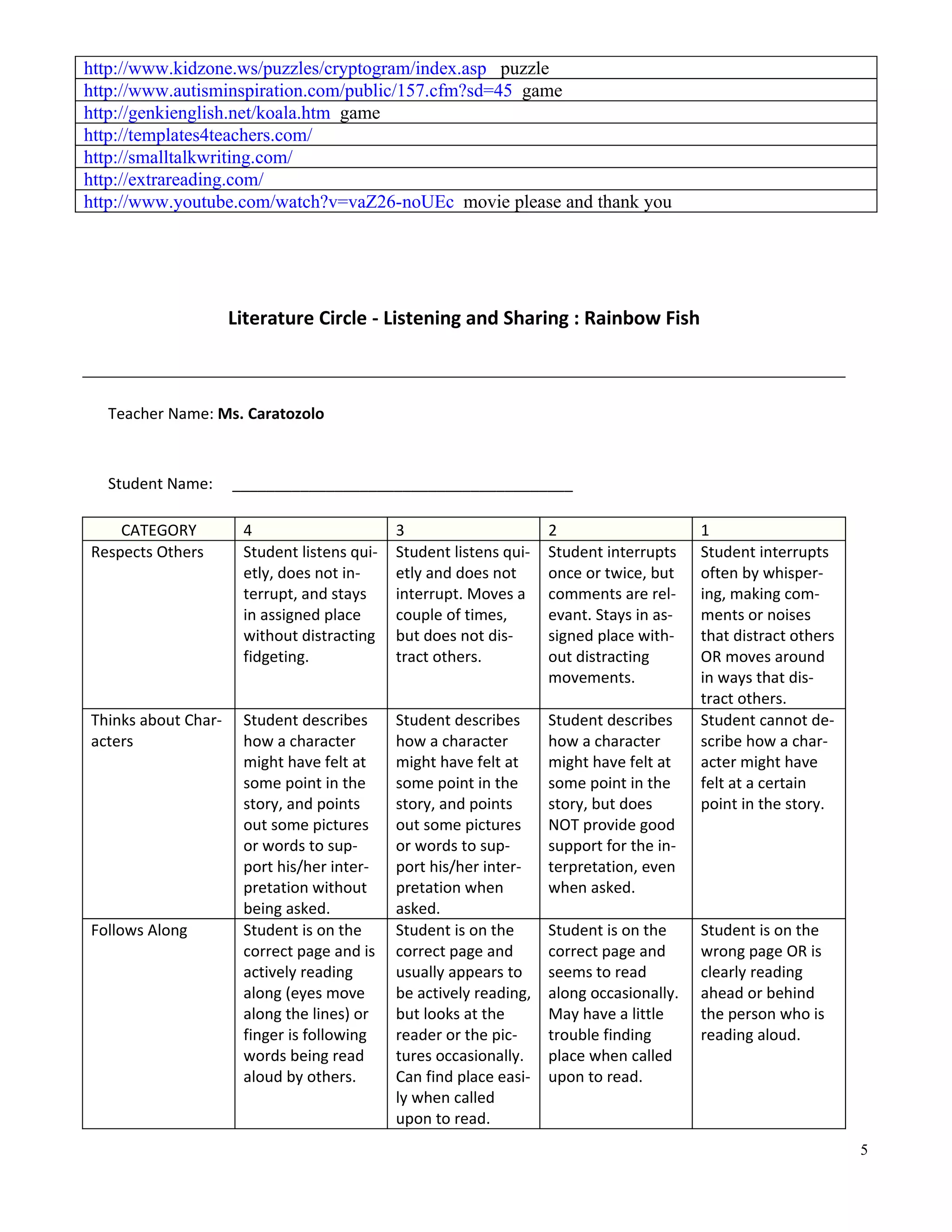 Rainbow fish lesson template new version | DOC
