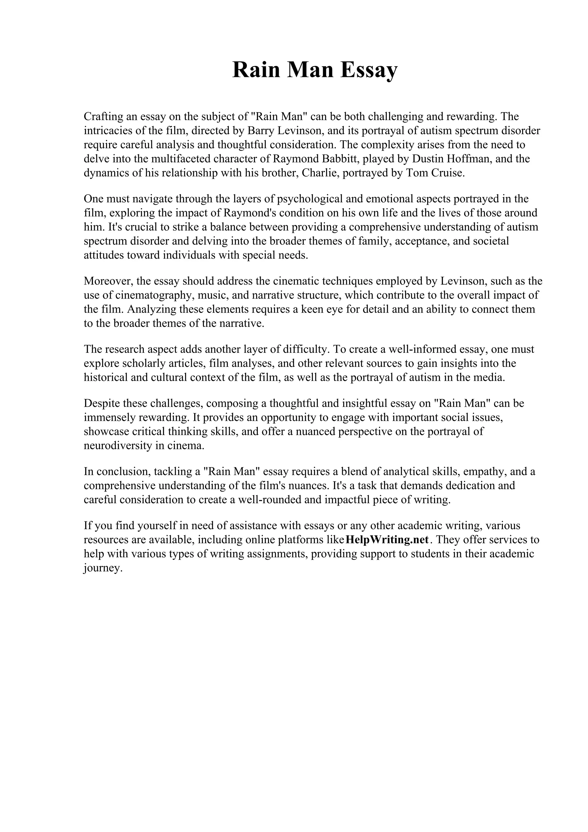 Rain Man Essay. University of New Orleans | PDF