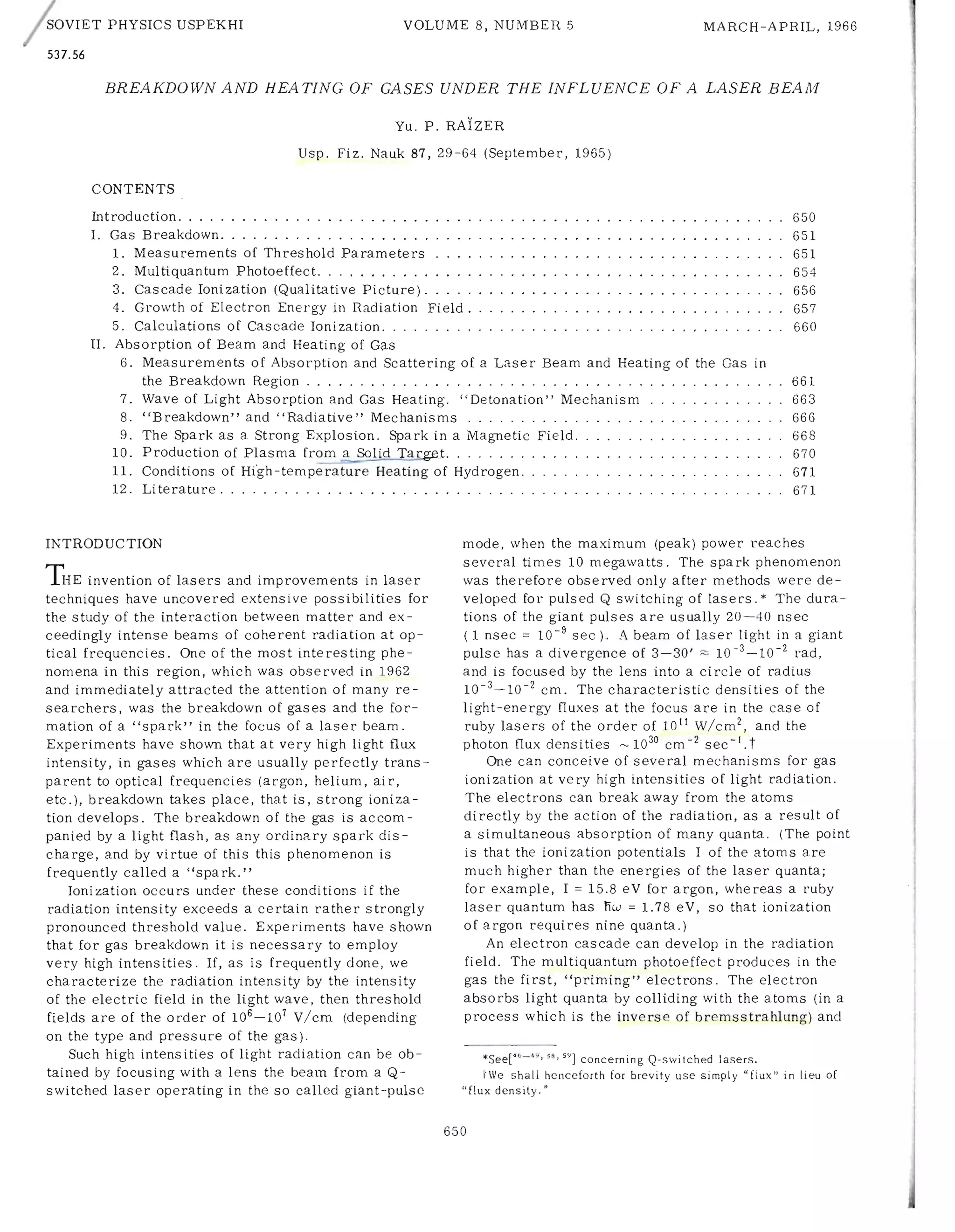 Raizer "Breakdown of gases under laser beam" review, 1965 | PDF