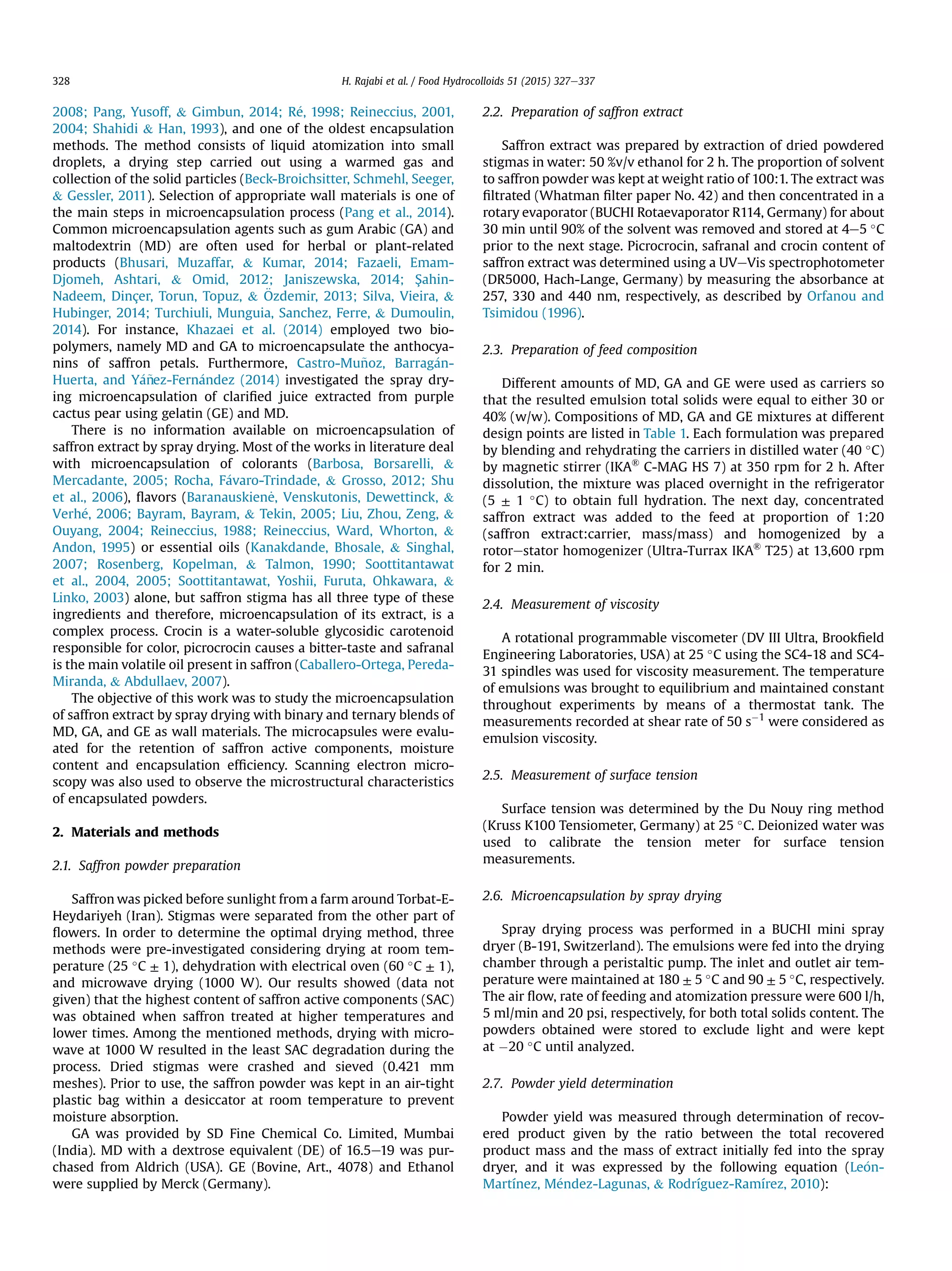 Retention of saffron bioactive components by spray drying encapsulation ...