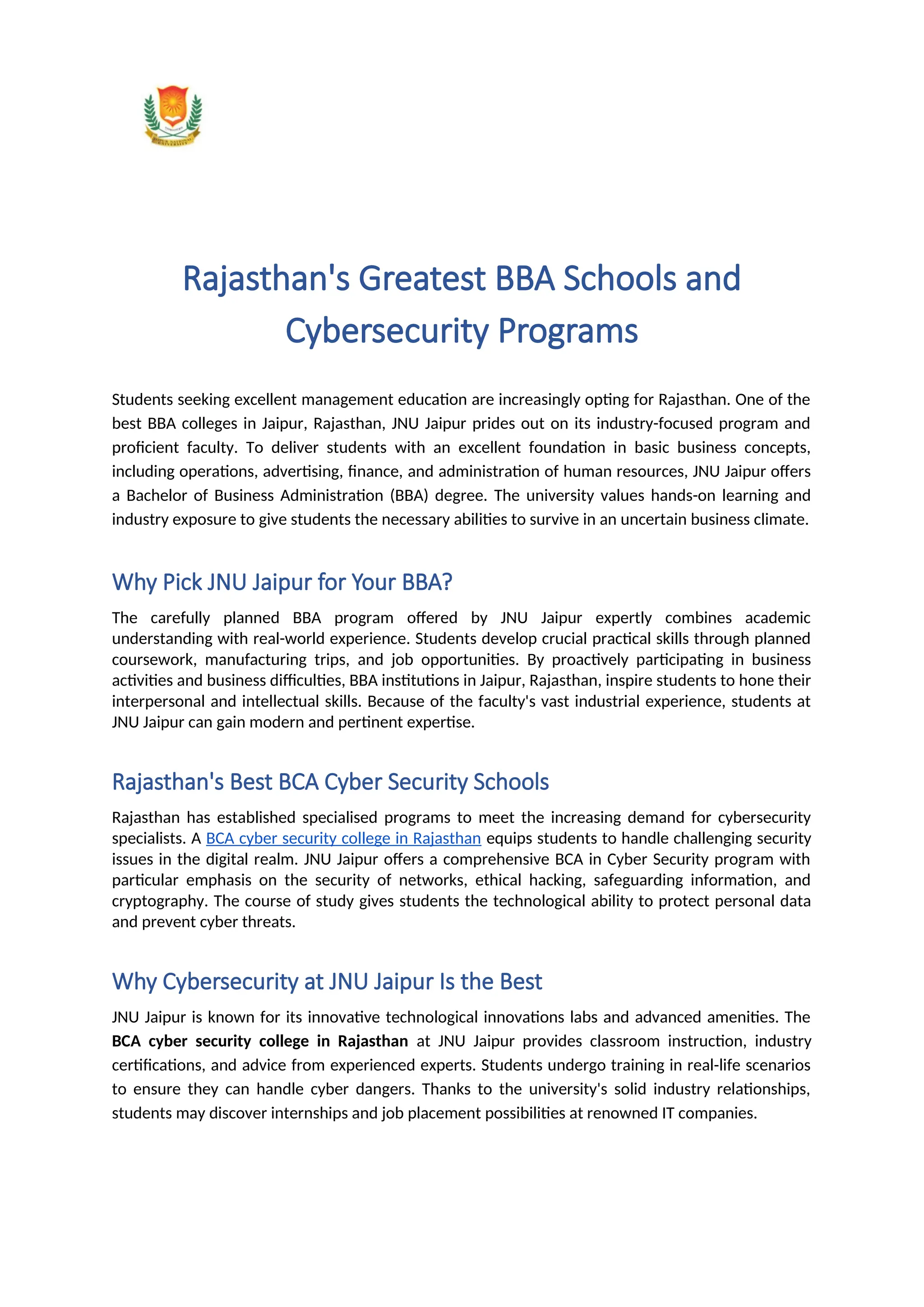 Rajasthan's Greatest BBA Schools and Cybersecurity Programs.docx